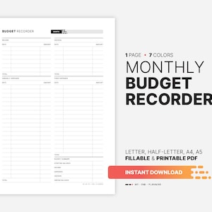 Monthly Budget Recorder, Fillable Financial Dashboard, Finance Income ...