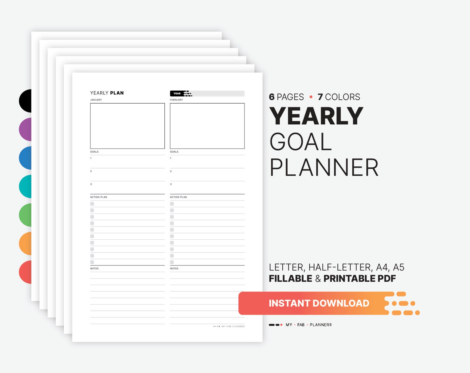 Yearly Goal List & Action Plan Template, Undated Yearly Goals Planner ...
