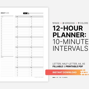 12-hour Planner, Printable 10-minute Work, Study Task Schedule ...