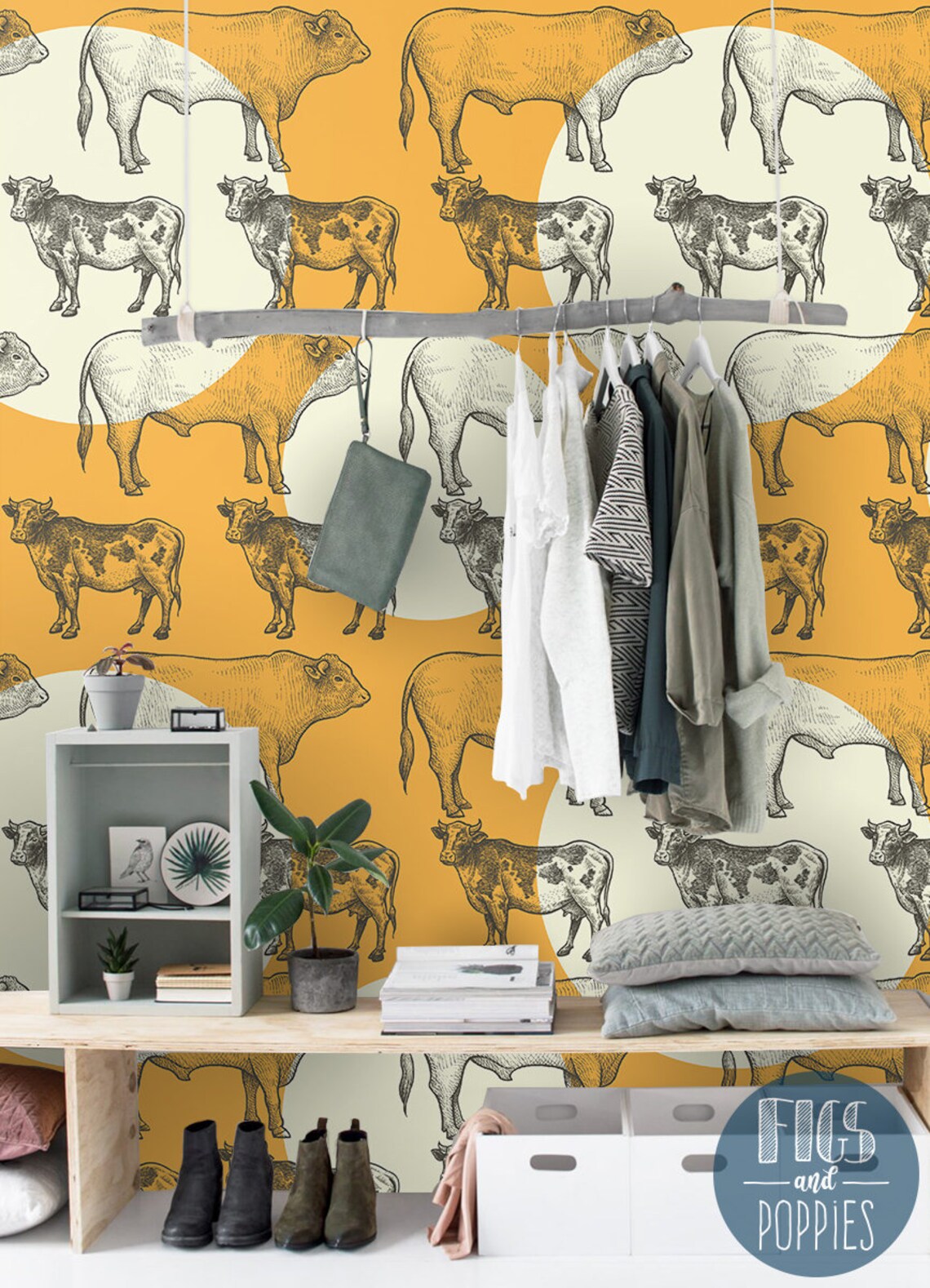 Retro Cows 247 - REMOVABLE WALLPAPER - Pumpkin and Beige, Animals, Wall ...