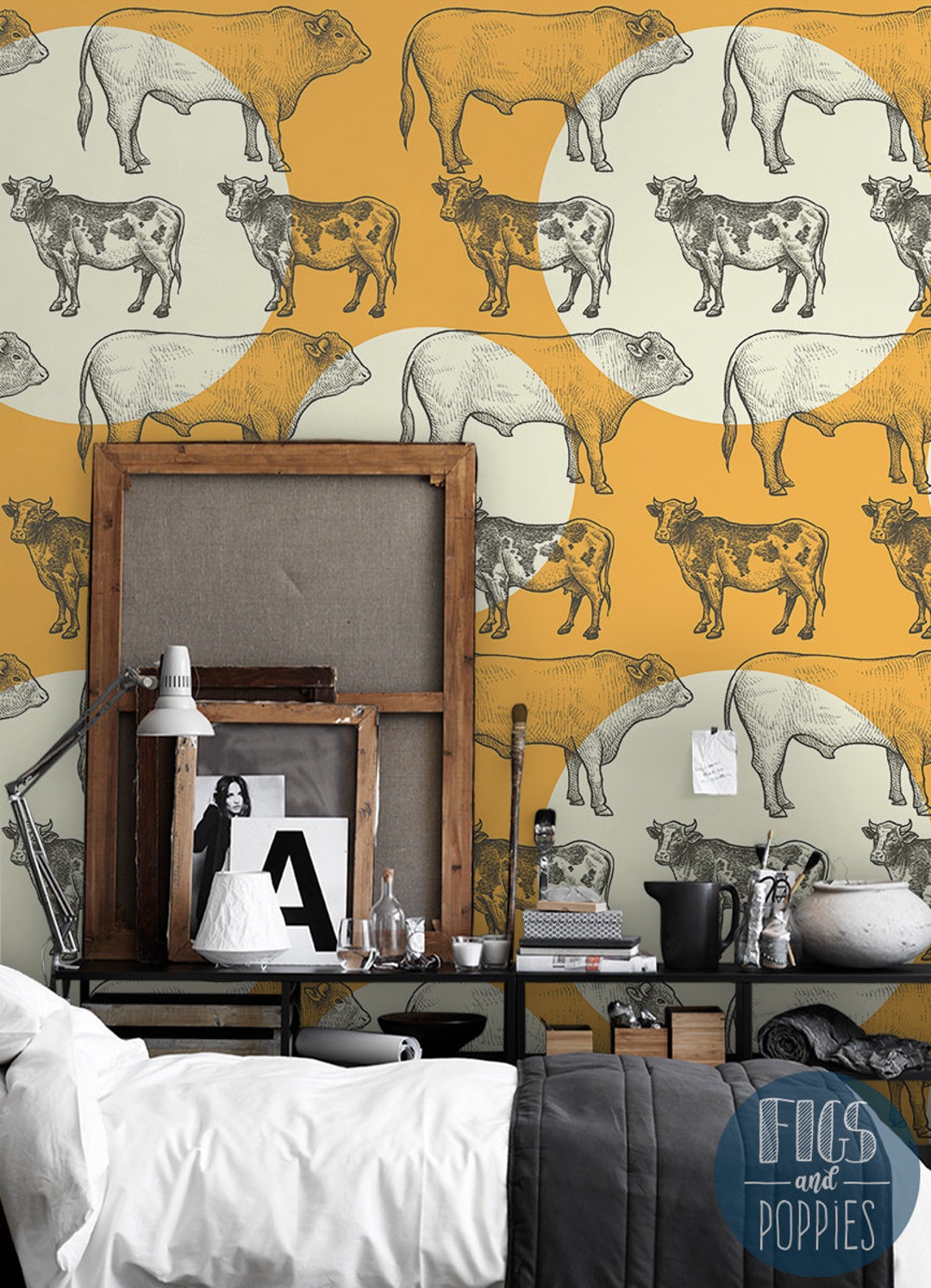 Retro Cows 247 - REMOVABLE WALLPAPER - Pumpkin and Beige, Animals, Wall ...