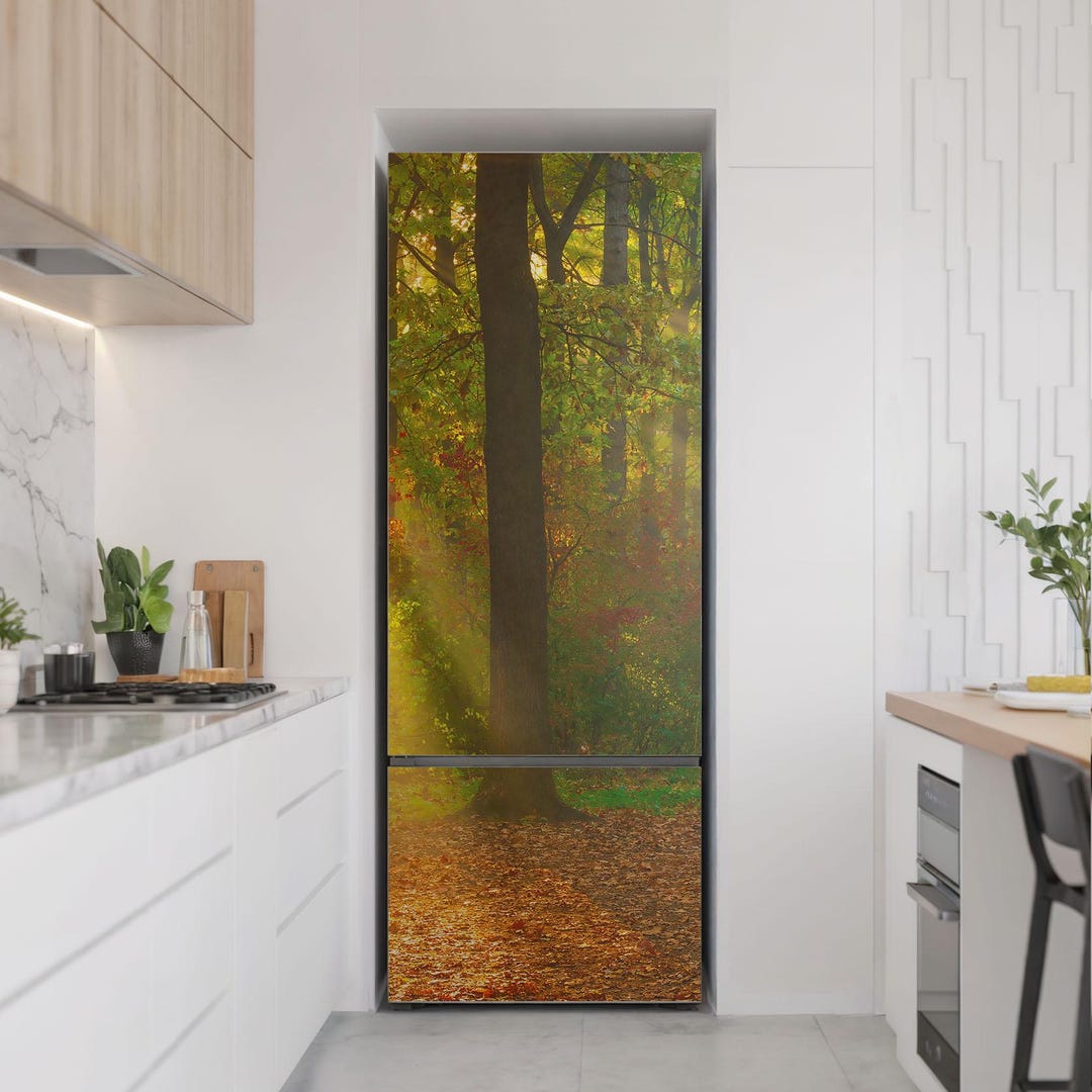 Magical Forest Scenery Fridge Wrap Sticker, Green Refrigerator Wrap ...