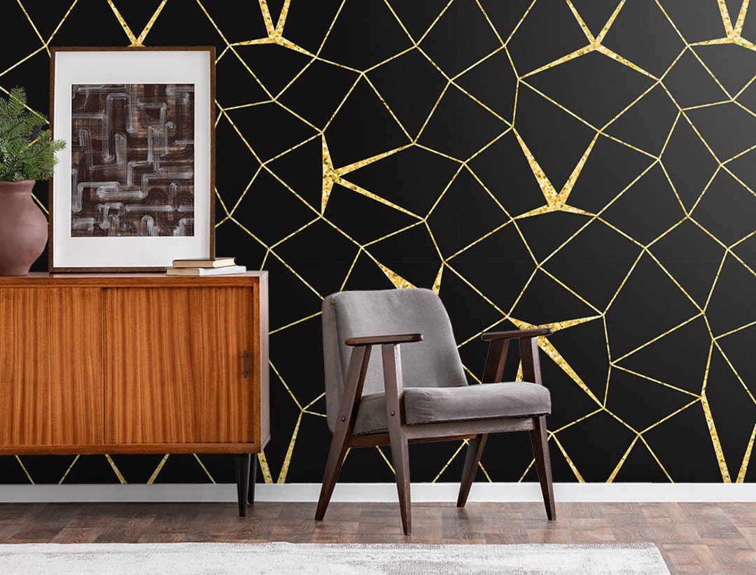 Gold Mosaic 290 - REMOVABLE WALLPAPER - Gold and Jet Black, Glitter ...