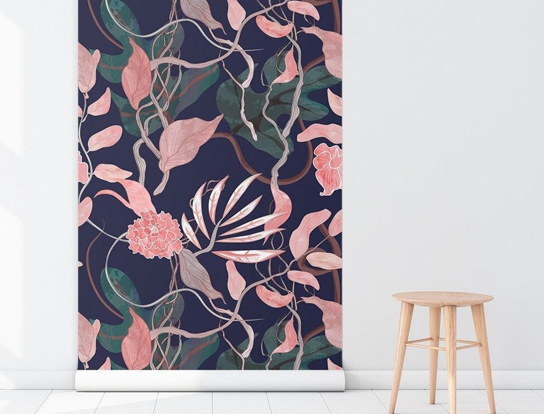 Trendy Harbor 309 - REMOVABLE WALLPAPER - Navy Blue and Pink, Vine ...