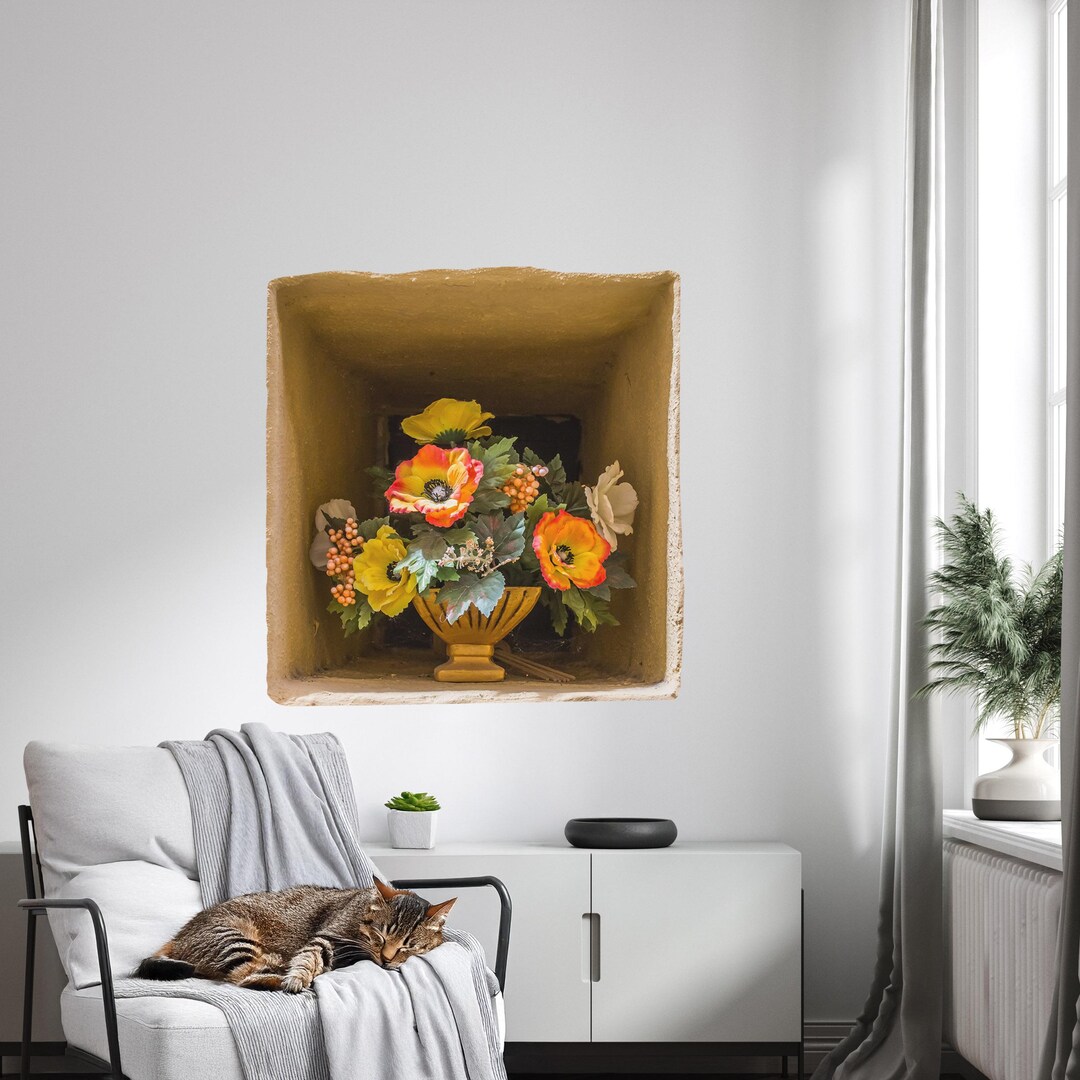 Faux Recess in the Wall Decal - Flowers Vase, Yellow Wall Art Stickers ...