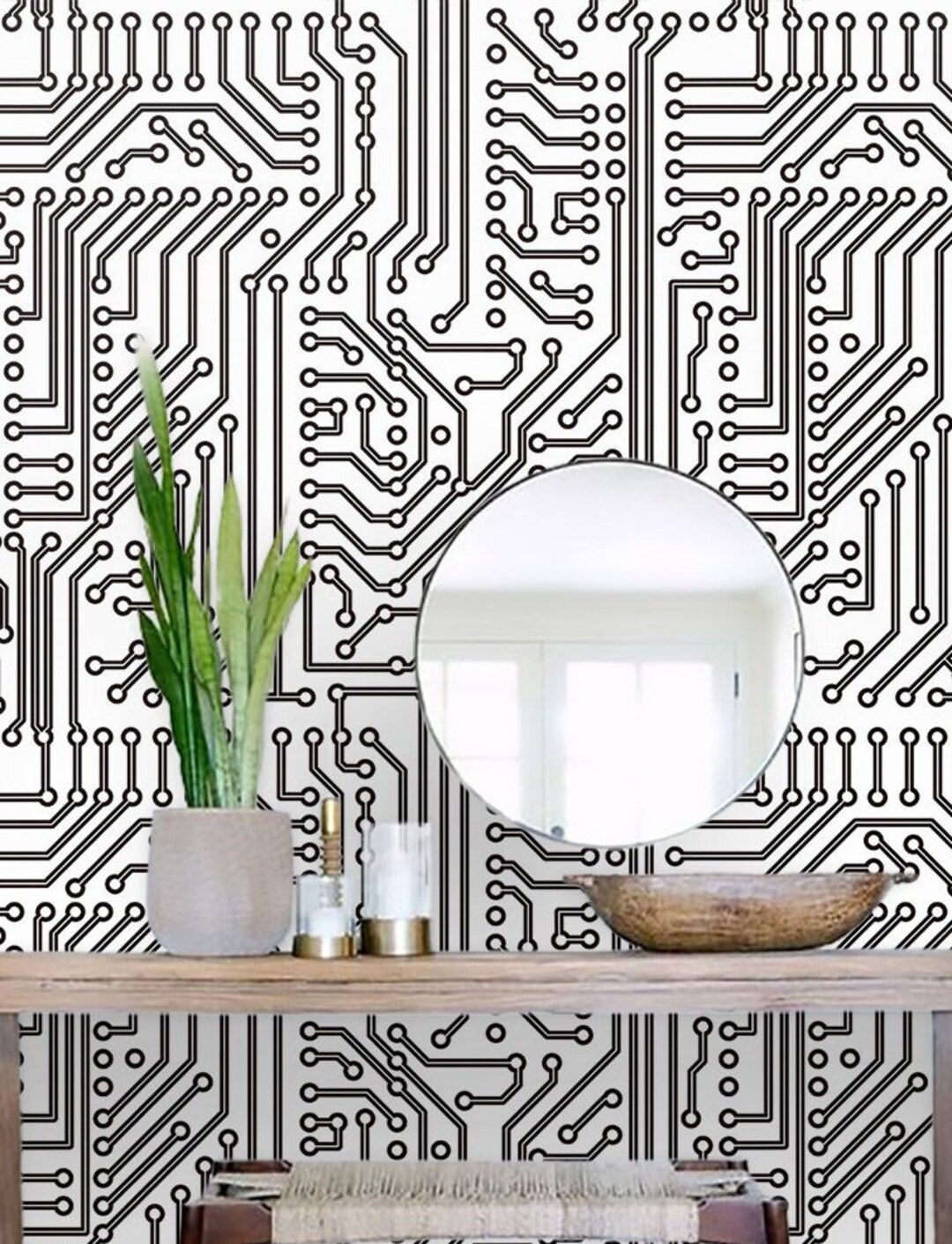 Circuits 288 - REMOVABLE WALLPAPER - Jet Black and White, Technical ...