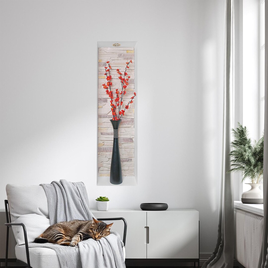 3D Recess in the Wall Decal - Flowers and Stones, Creamy Self-adhesive ...