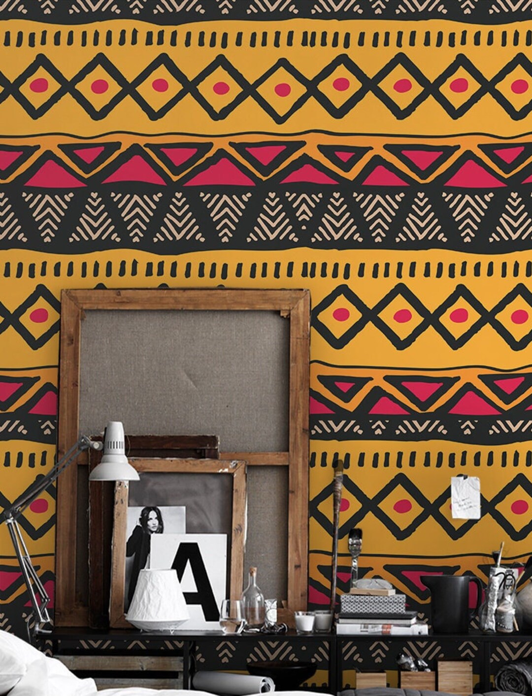 African Pattern 279 - REMOVABLE WALLPAPER - Orange and Black, Ethnic ...
