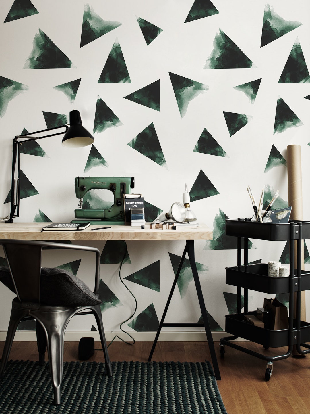 Removable Wallpaper, Dark Green Triangles, Geometric Wallpaper, Wall ...