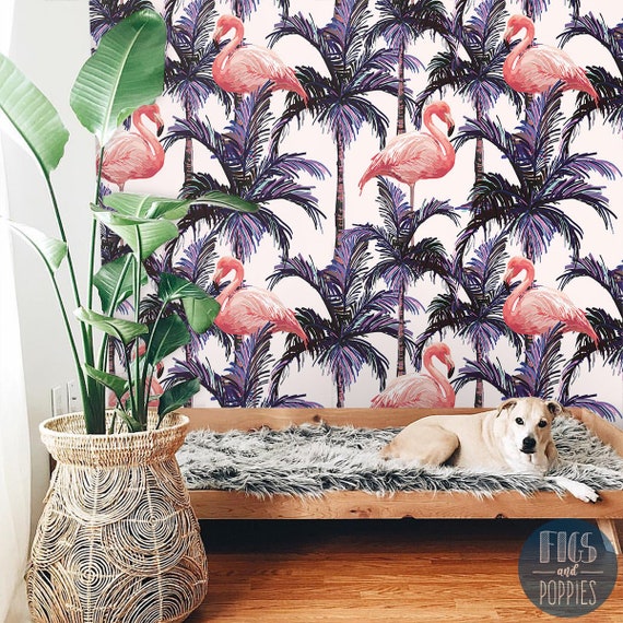 Pink Flamingos 26 REMOVABLE WALLPAPER Purple and Coral | Etsy