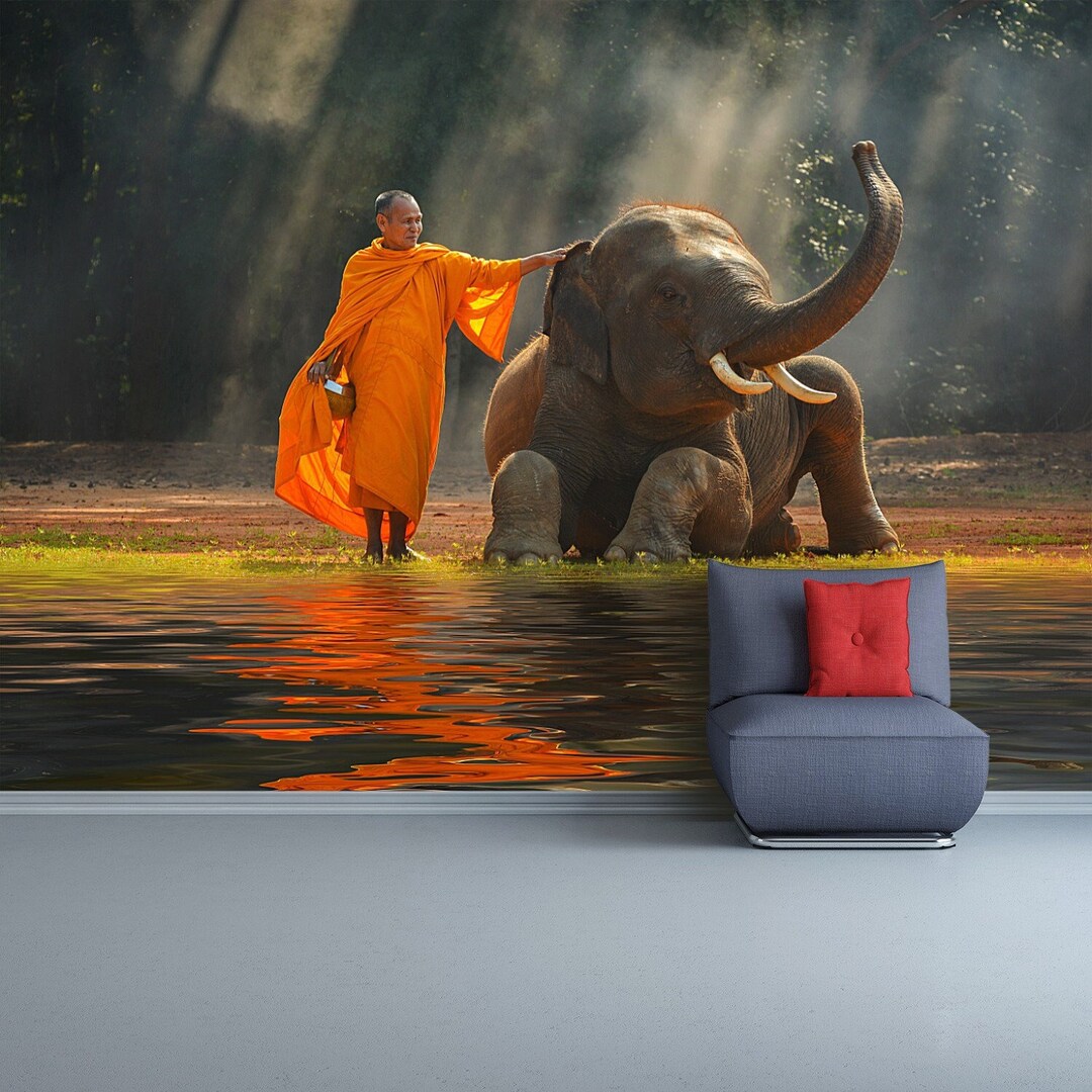 Elephant and Monk Removable or Traditional Wallpaper | Wall Mural ...