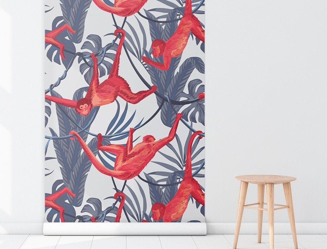 Monkeys 213 - REMOVABLE WALLPAPER - Amaranth and Periwinkle, Leaves ...