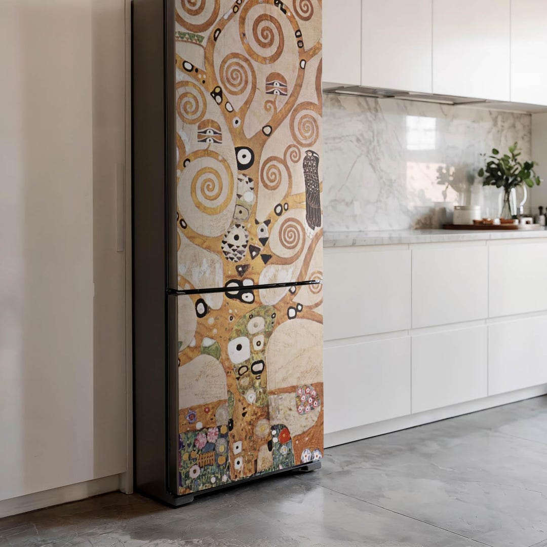 Gustav Klimt Tree Refrigerator Decal, Beige Fridge Wrap Sticker, Fridge ...