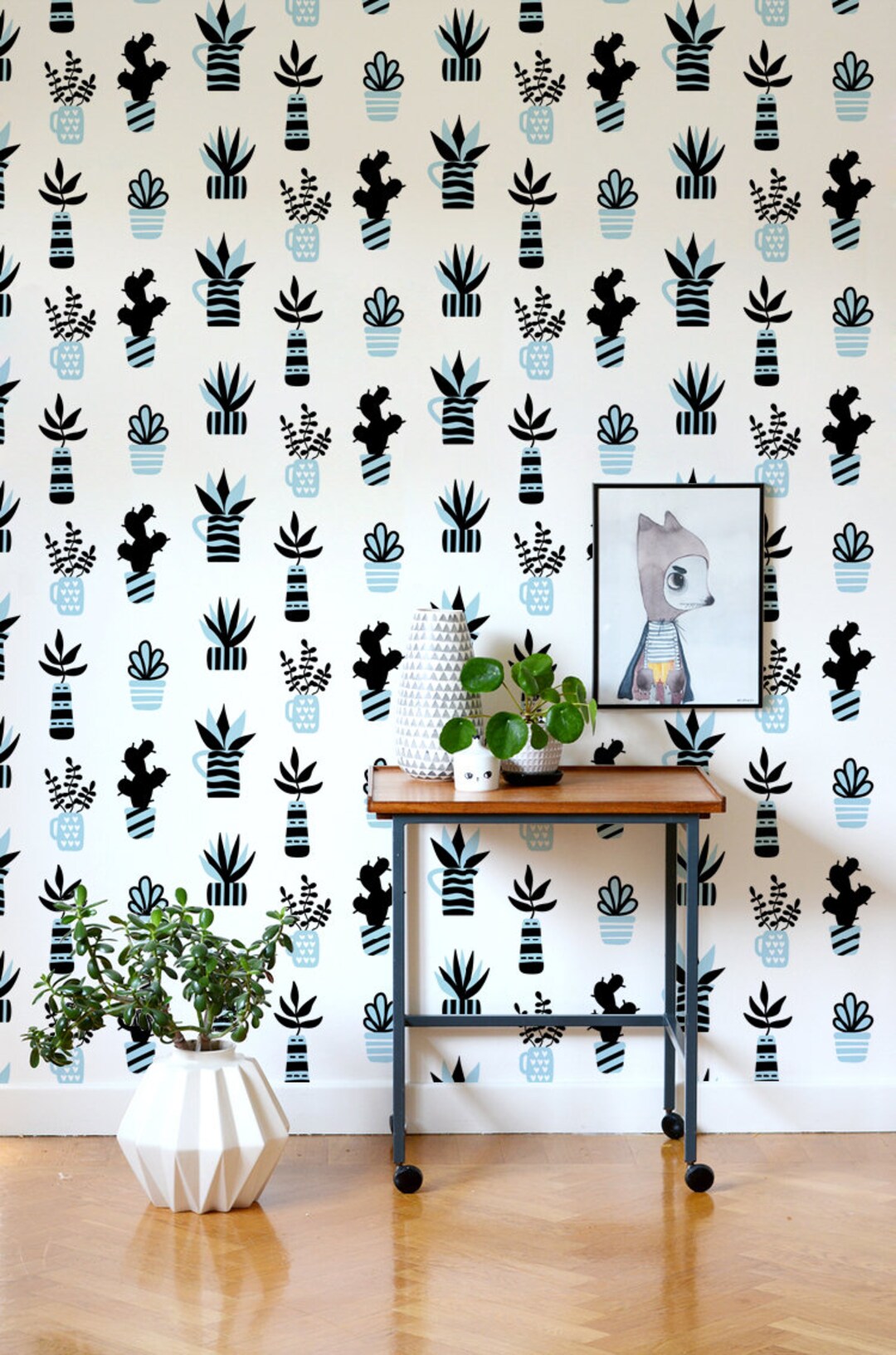 Wallpaper Roll, Removable Wallpaper, Succulents and Houseplants in Vase ...