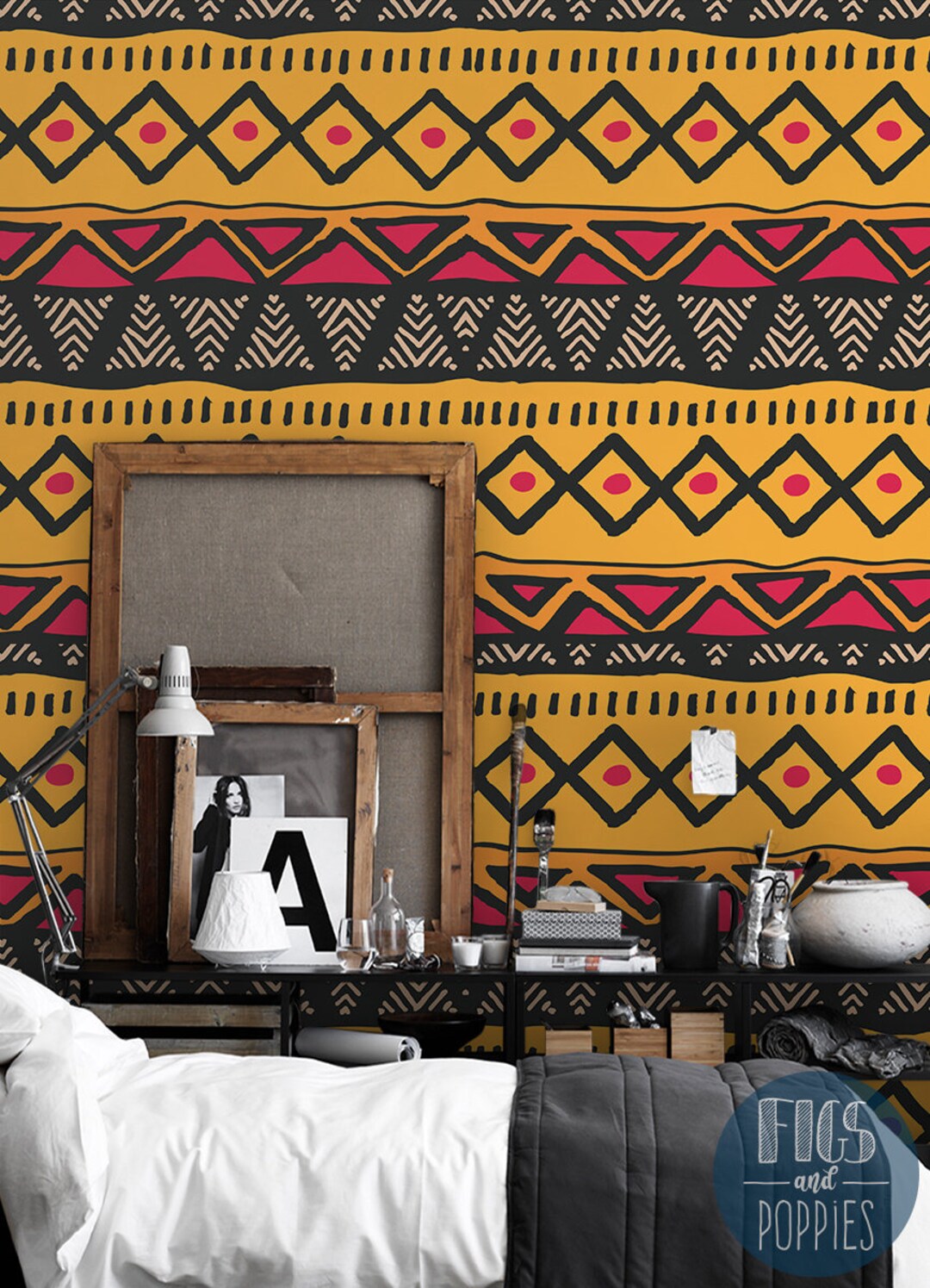 African Pattern 279 REMOVABLE WALLPAPER Orange and Black - Etsy