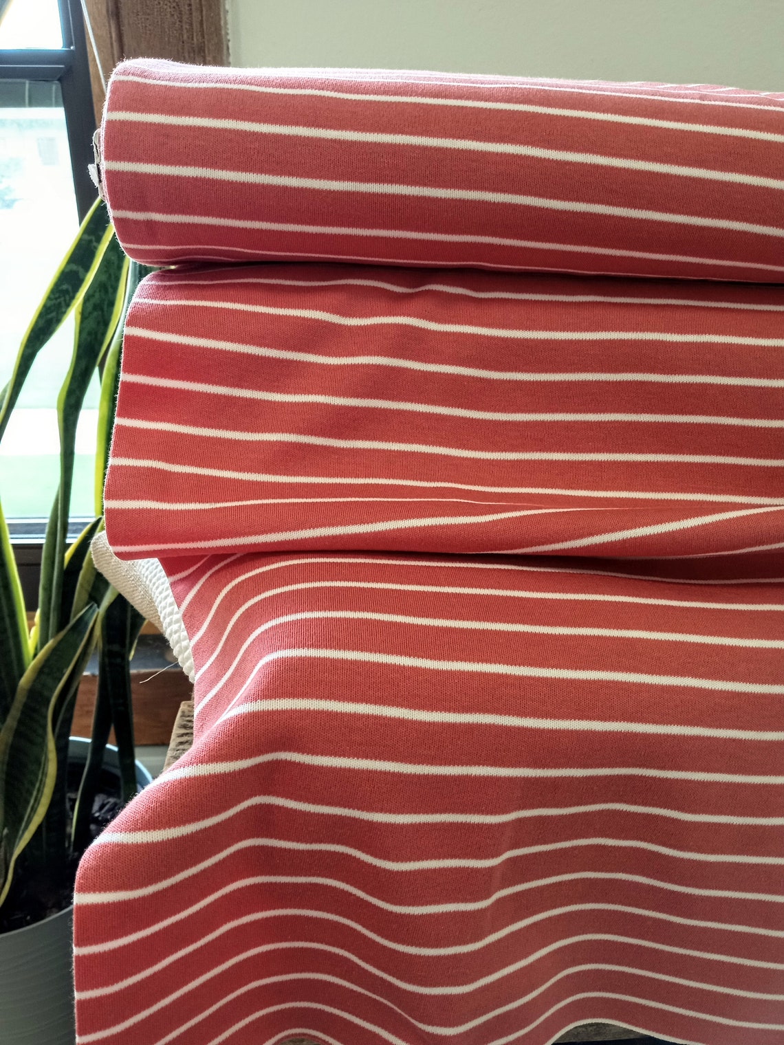 Organic Interlock Knit Fabric, Salmon Coral Stripe, Interlock, GOTS ...