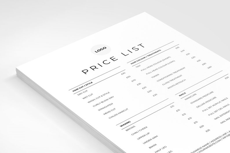 Minimal Price List Template DIY Generic Price List Template for Salon ...