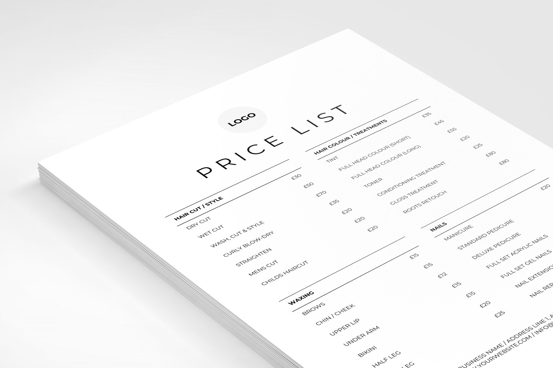 Minimal Price List Template DIY Generic Price List Template for Salon ...