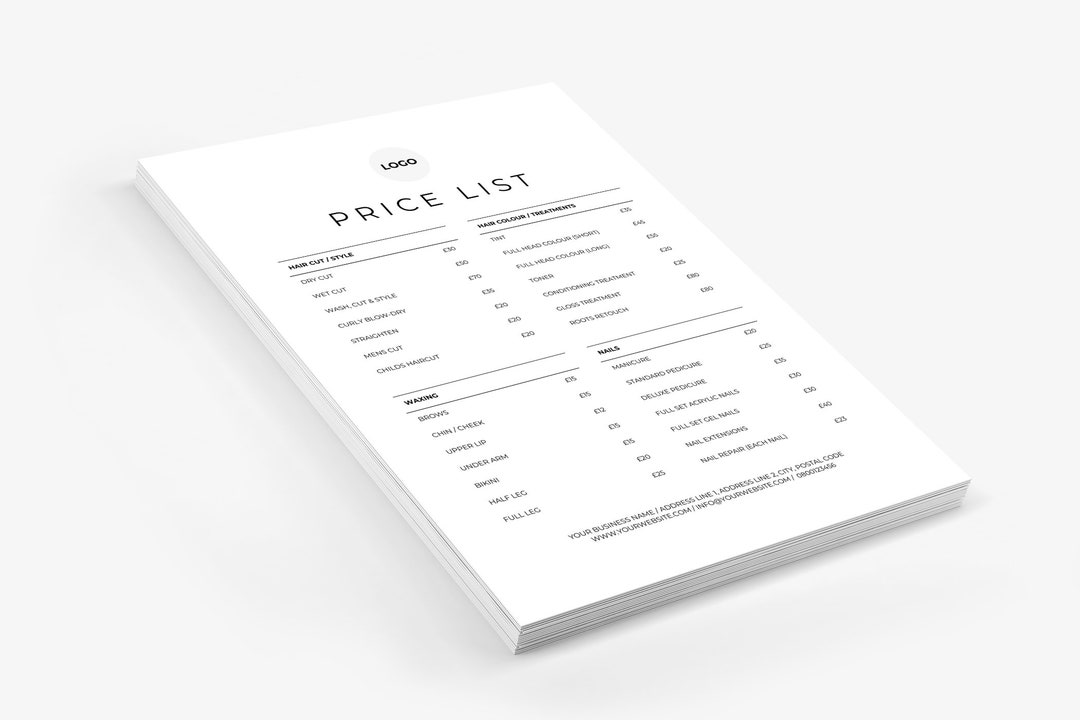Minimal Price List Template | DIY Generic Price List Template for Salon ...