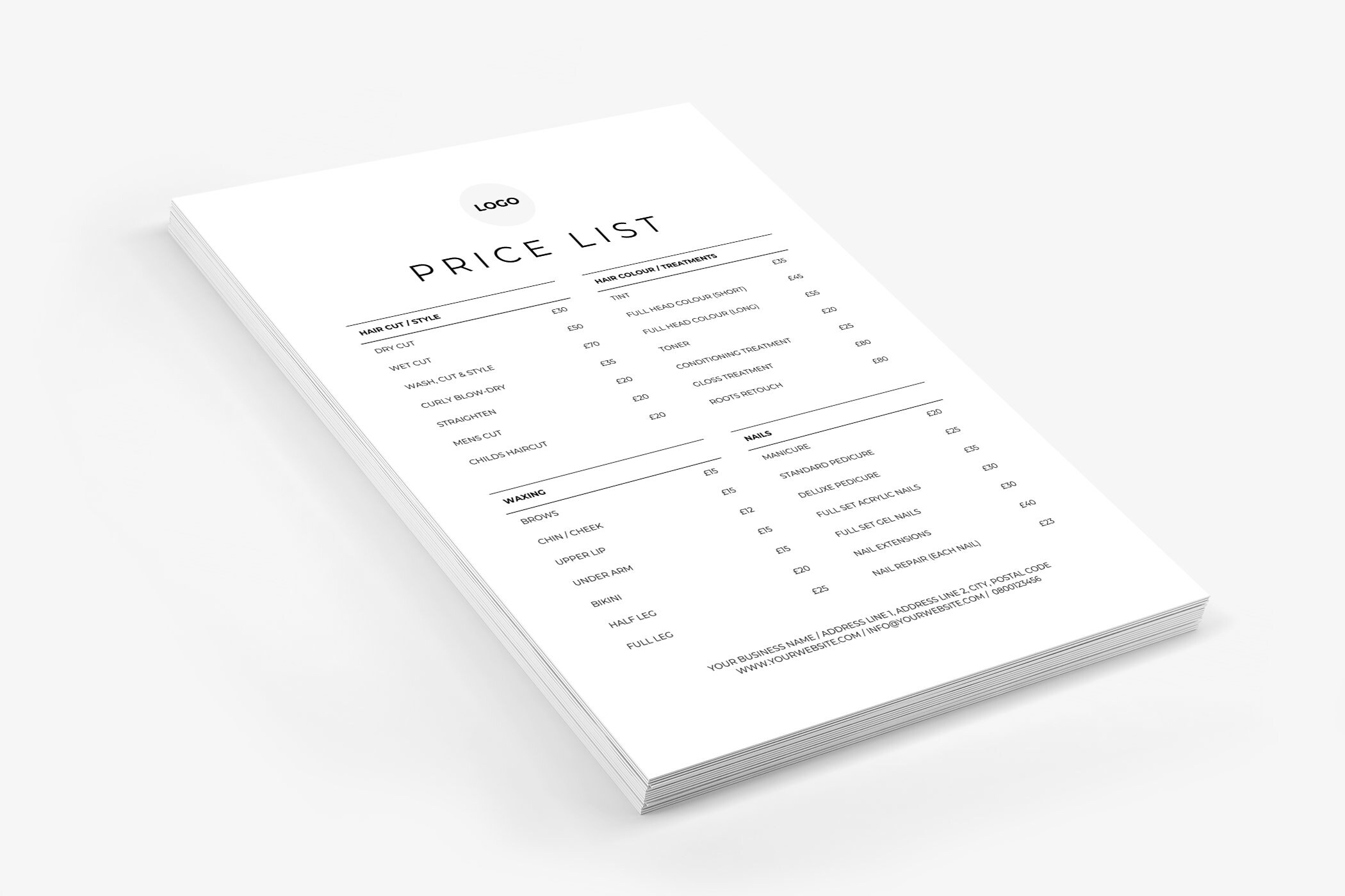 Minimal Price List Template DIY Generic Price List Template for Salon ...