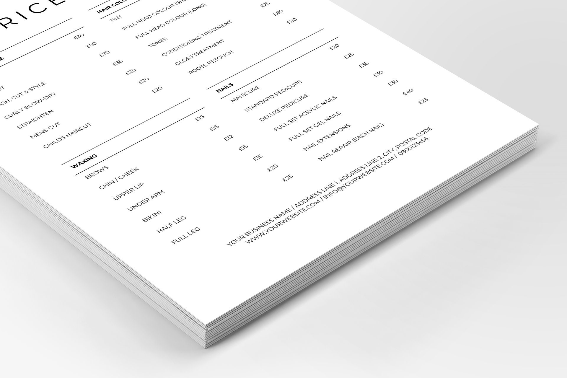 Minimal Price List Template DIY Generic Price List Template for Salon ...