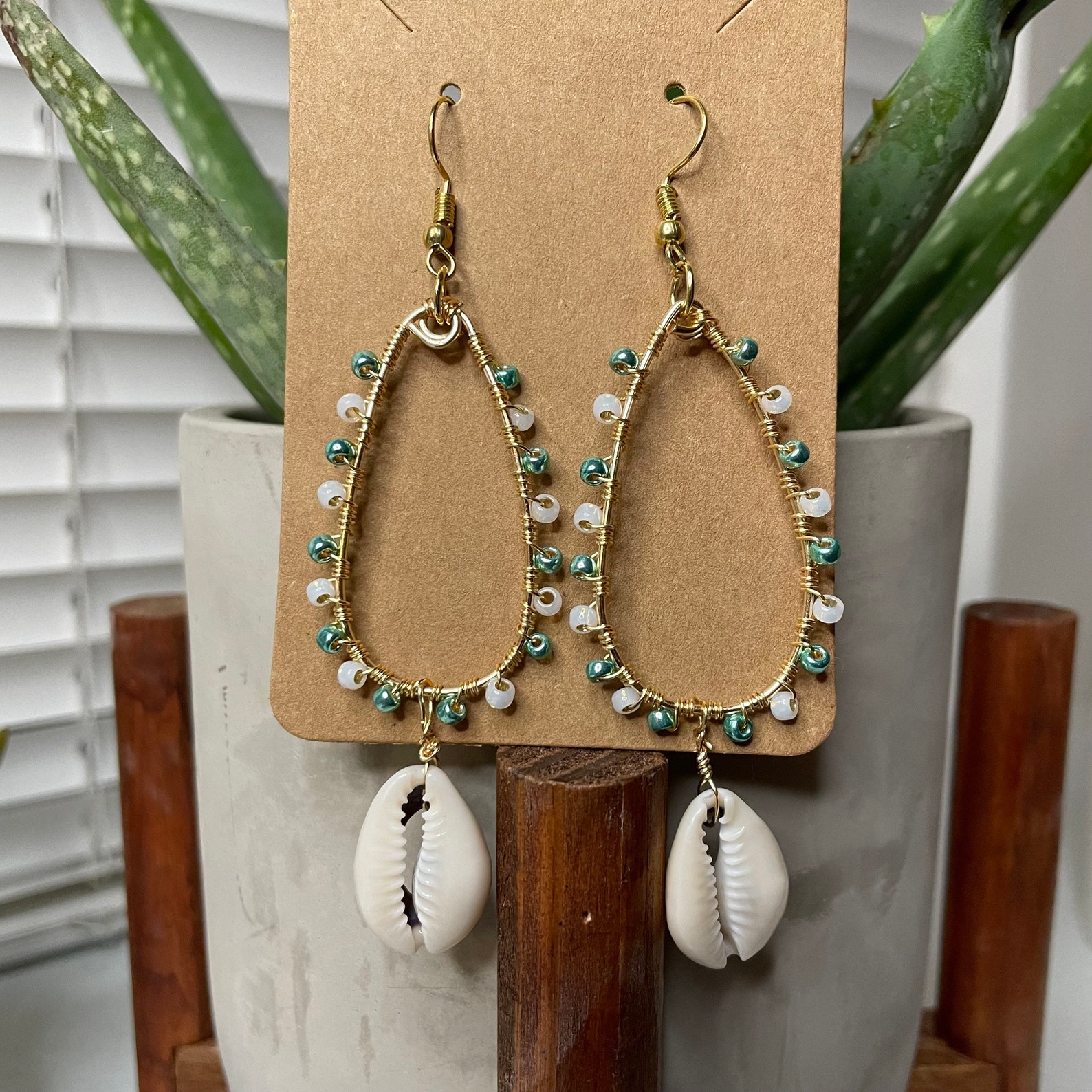 Long Tear Drop Wire Wrapped Shell Dangle Earrings - Etsy