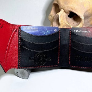 Carved Leather Wallet "bat" With Engraving, Black Wallet With Bat Wings ...