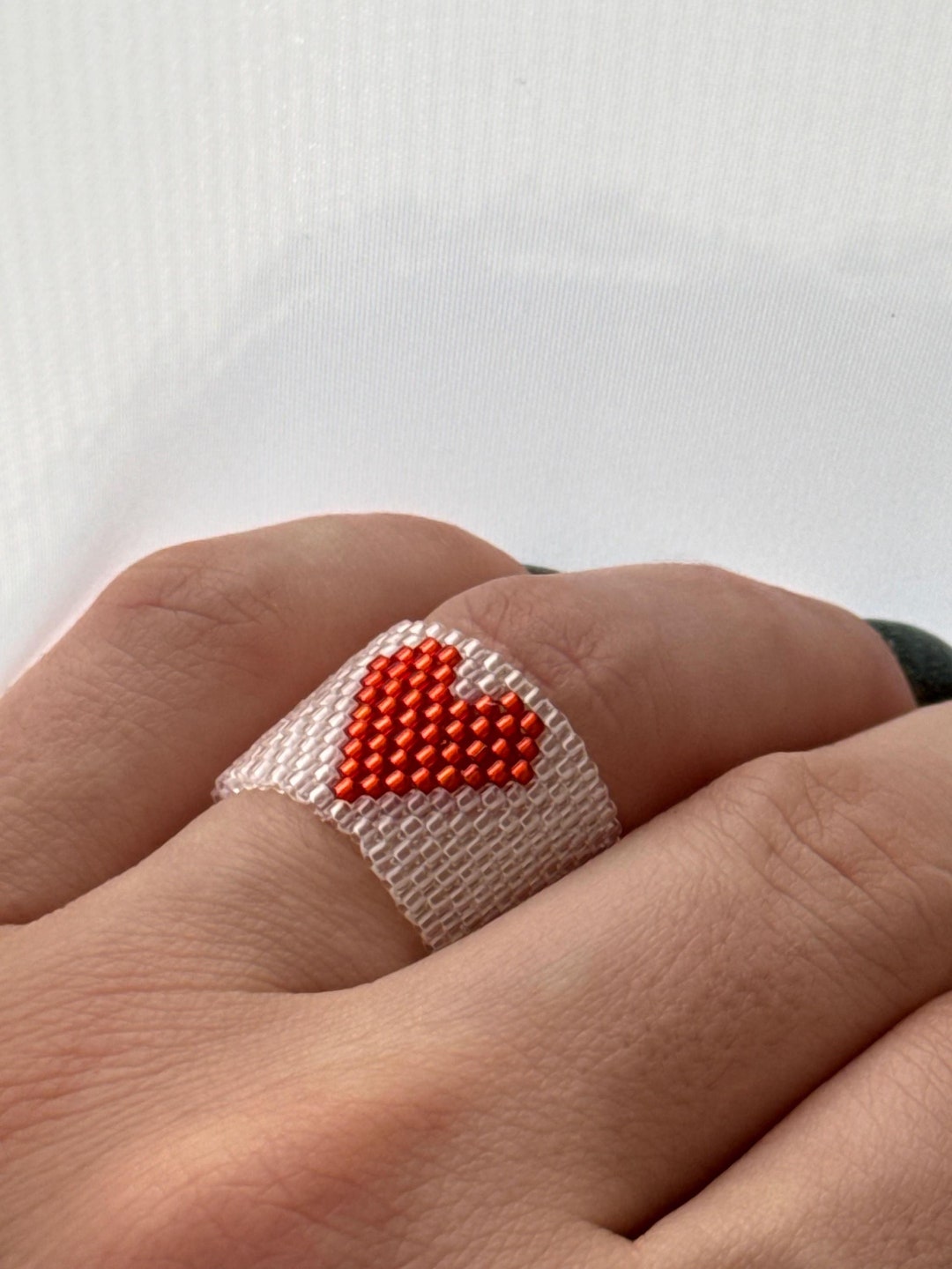 Miyuki Ring Beaded Ring Circle Red Heart, Minimali Wide Ring, Flexible ...