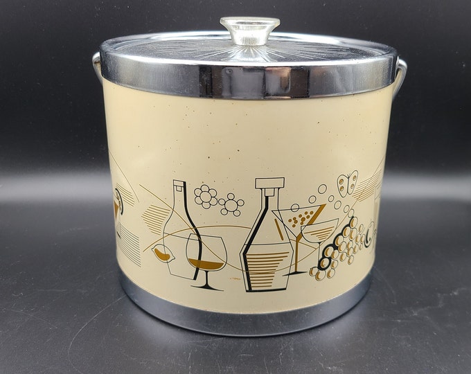 MCM Ice Bucket With Lid and Handle Line Drawing of Cocktails Beer Wine ...