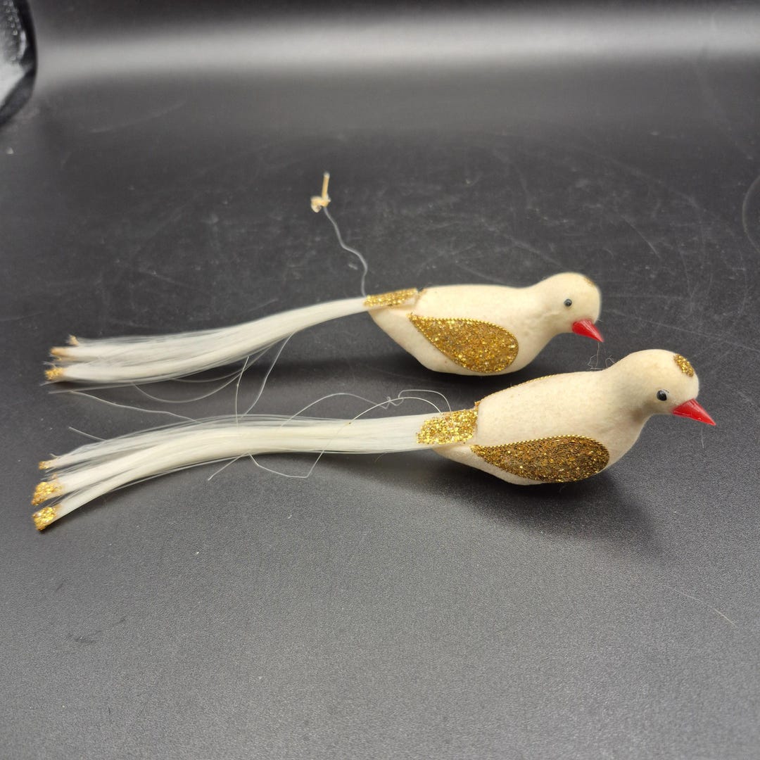Pair Spun Cotton Birds With Long Tails Glitter Wings Vintage - Etsy