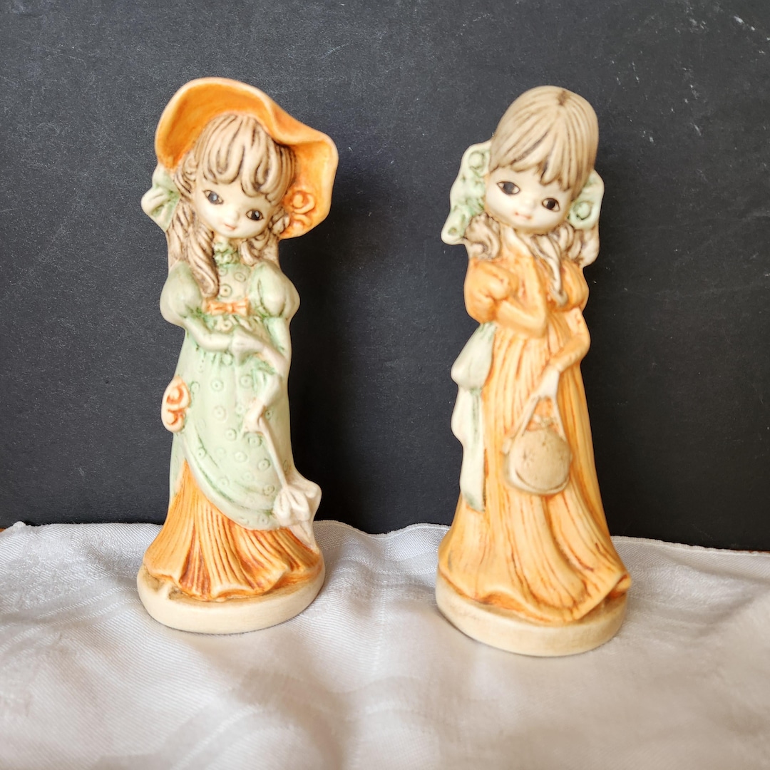 Pair of Folk Art Ceramic Hand Painted Girls 1978 - Etsy