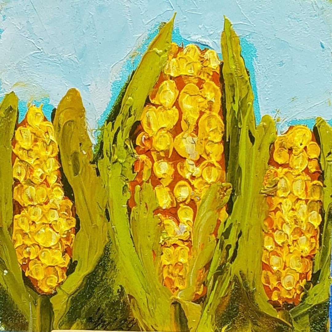 Corn Original Small Painting Oil Harvest Art Decor Kitchen Agricultural ...