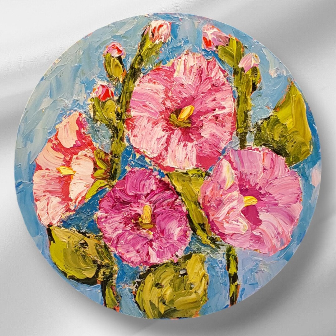Mallow Original Painting Oil for Her Flowers Circle Picture for Her ...