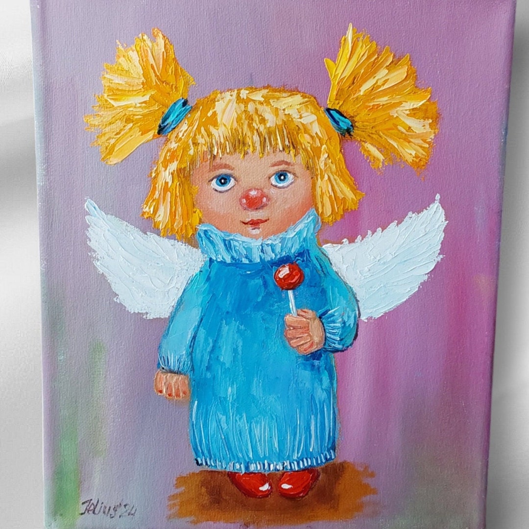 Funny Angel 8 Original Oil Painting Red Angel Naive Painting Gift for ...