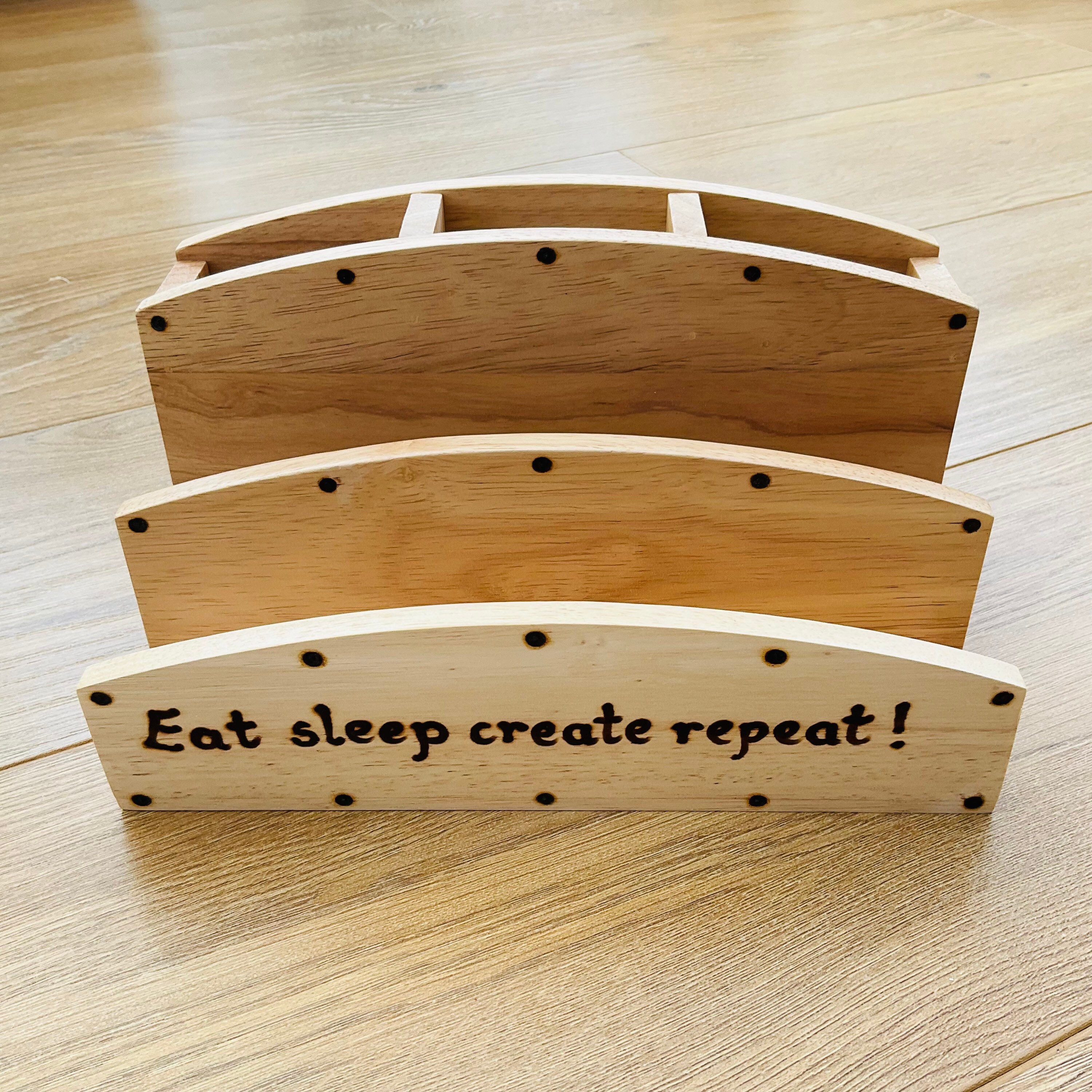 Wooden personalised desk tidy with letter rack featuring hand burned ...