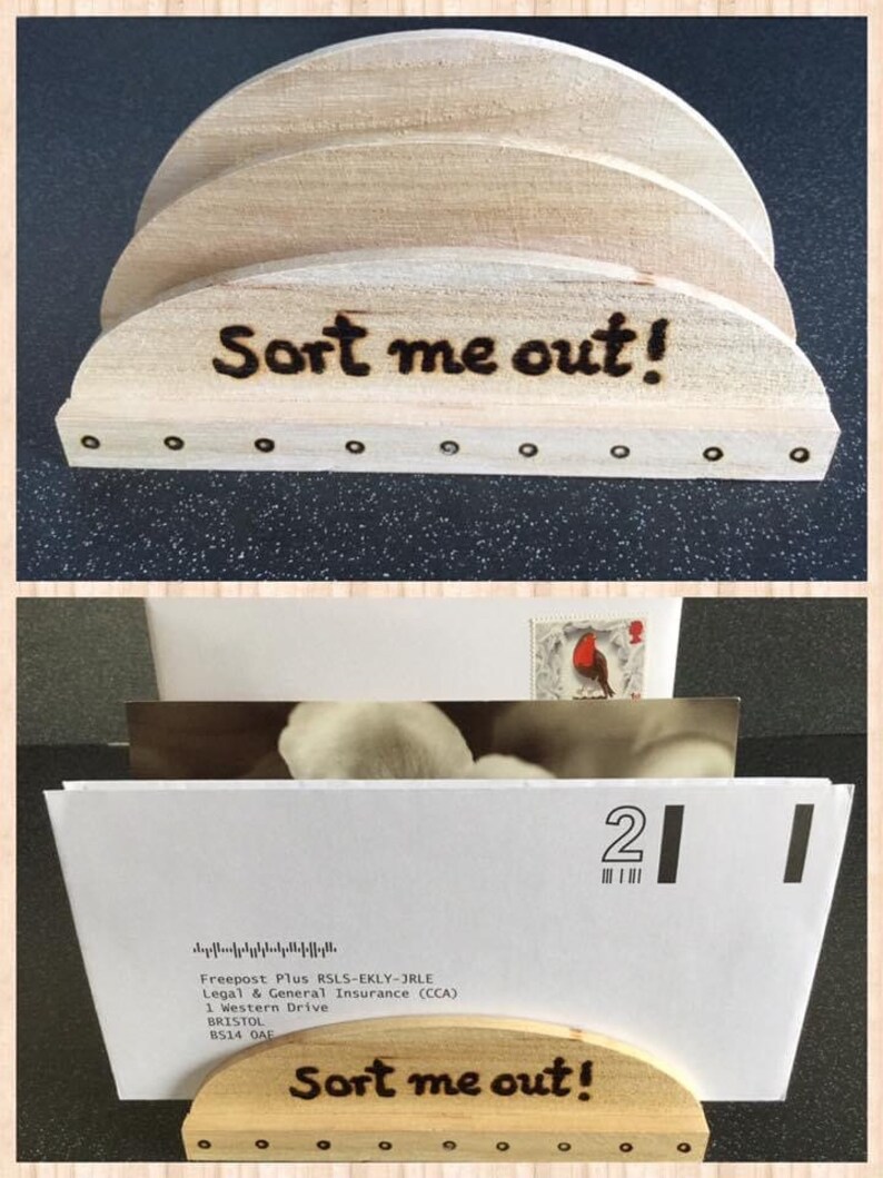 Wooden personalised desk tidy with letter rack featuring hand burned ...