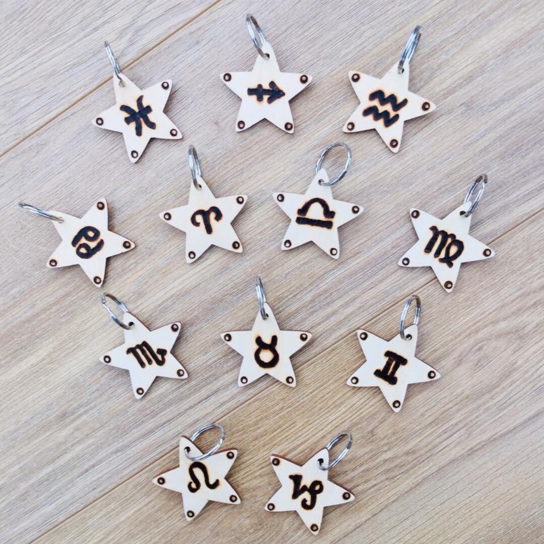 Zodiac Symbol Keyring, Wooden Star Keyring, Zodiac Sign, Pyrography ...