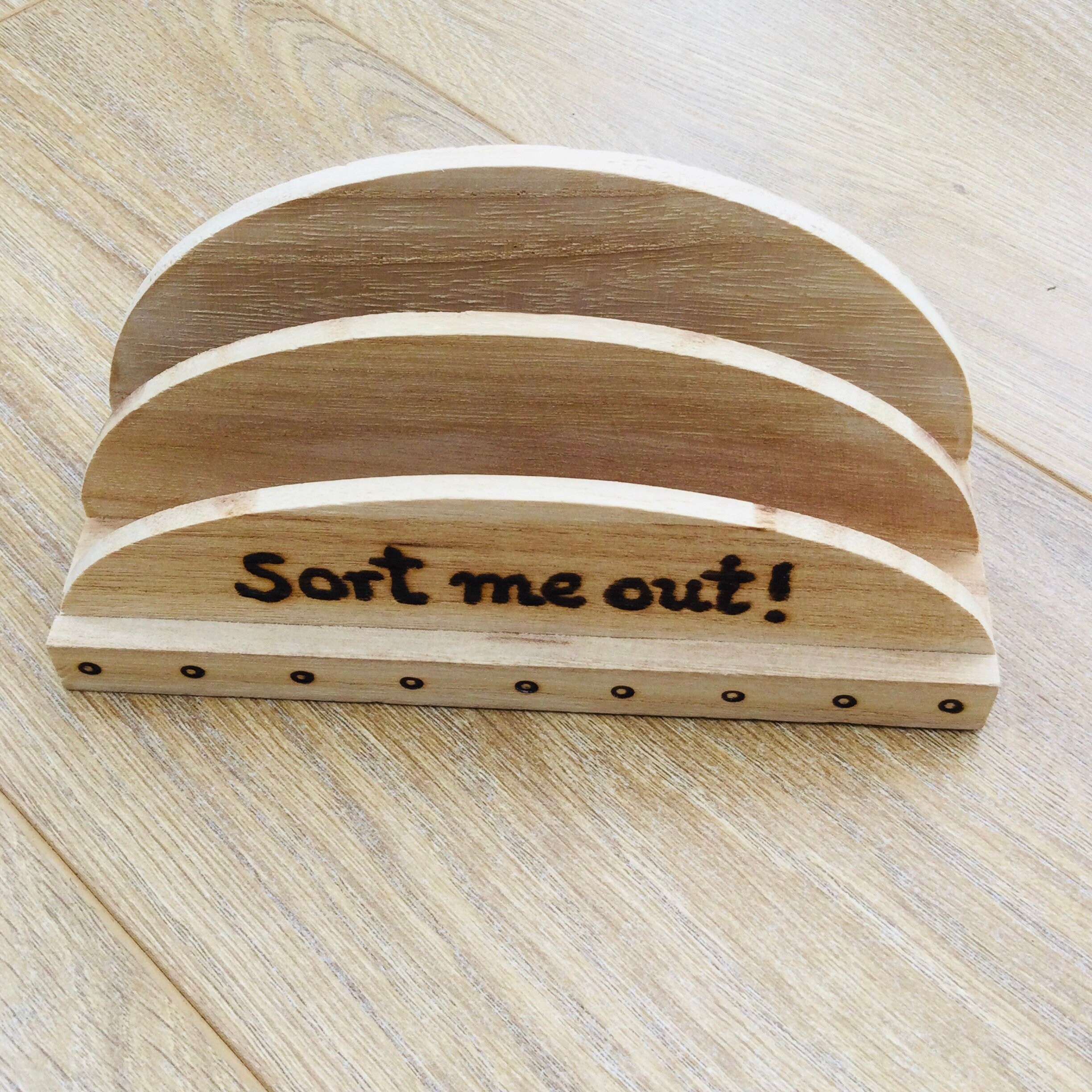 Wooden personalised desk tidy with letter rack featuring hand burned ...
