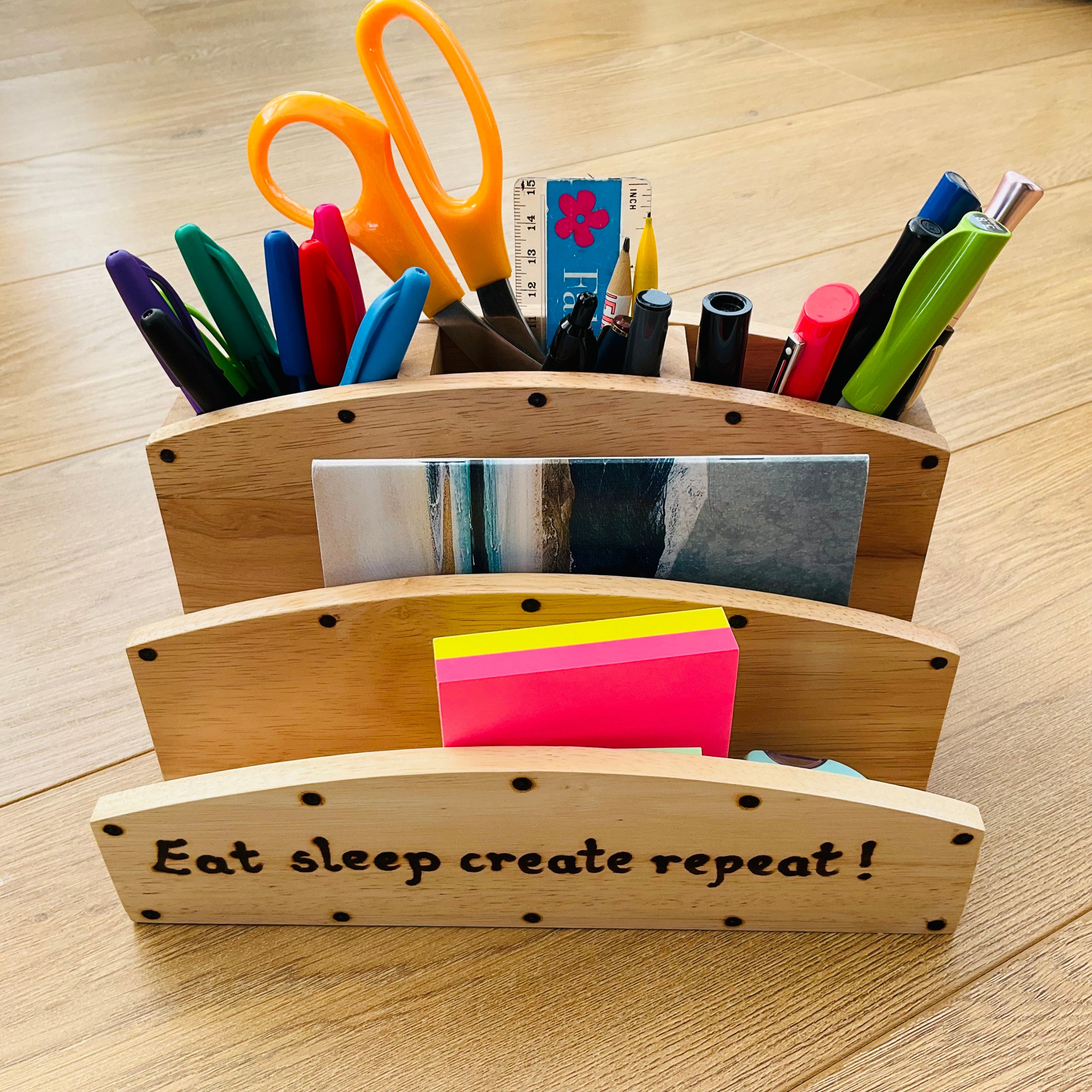 Wooden personalised desk tidy with letter rack featuring hand burned ...