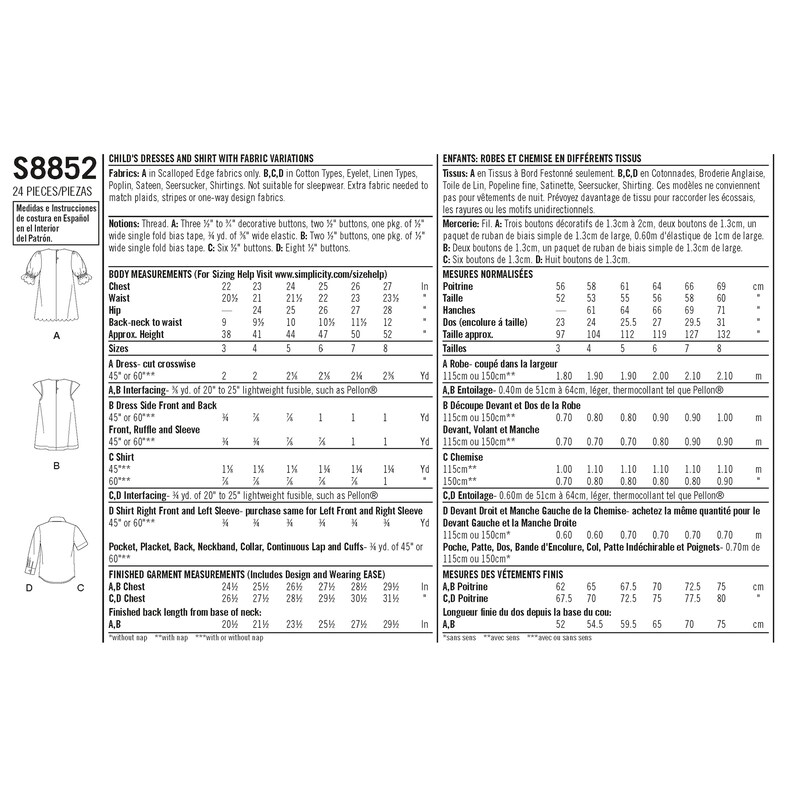 Simplicity 8852 Child's Dresses and Shirt With Fabric - Etsy