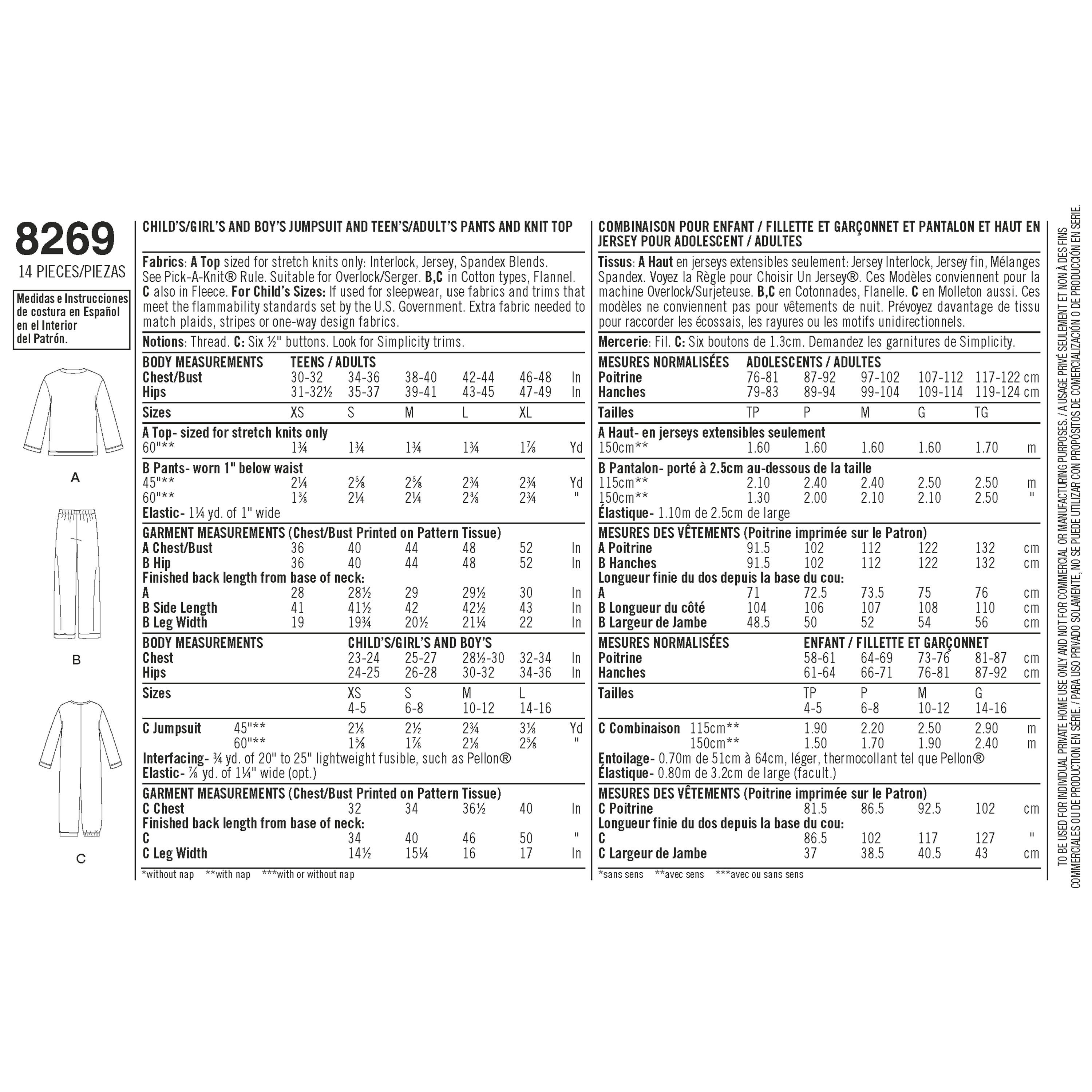 Simplicity 8269 Child's Jumpsuit and Teens'/adults' Pants and Knit Top ...