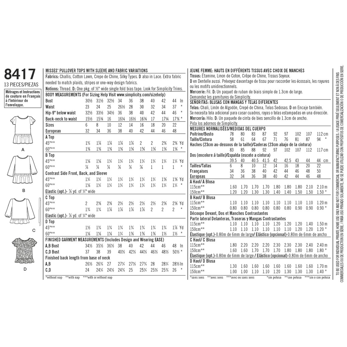 Simplicity 8417 Misses' Pullover Tops With Sleeve and - Etsy