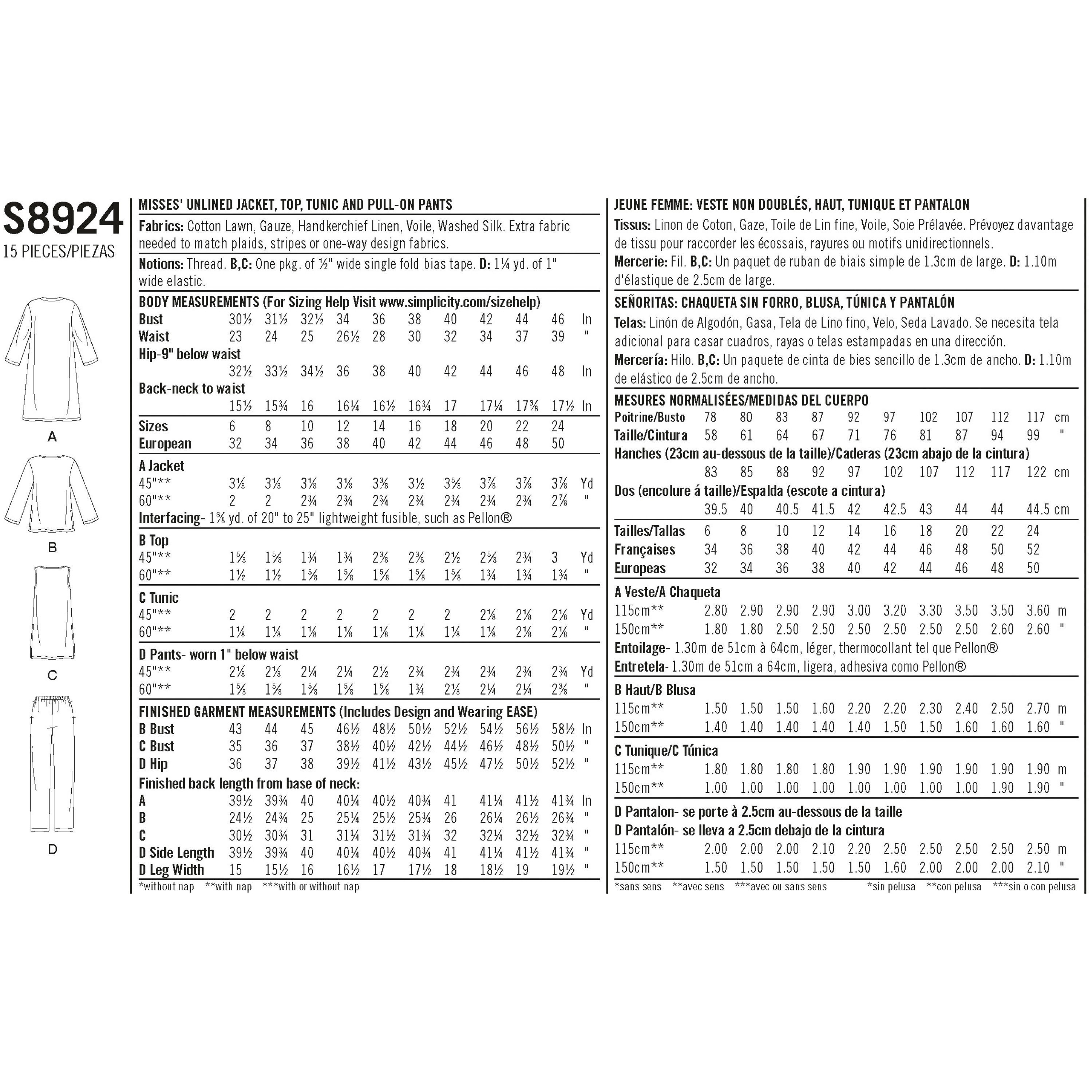 Simplicity 8924 Misses' Unlined Jacket, Top, Tunic and Pull-on Pants ...