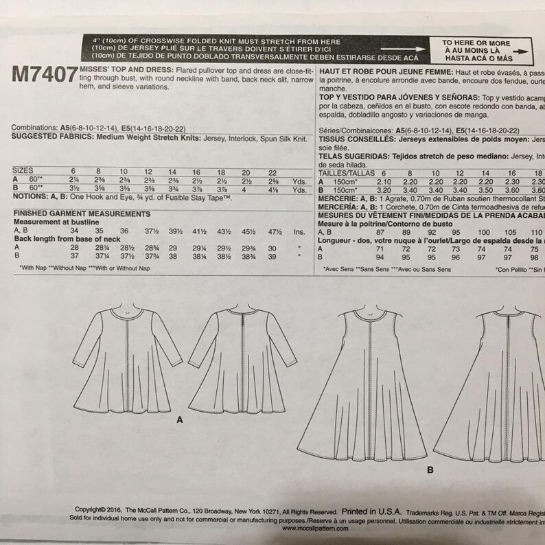 McCall's M7407 Misses' Flared Knit Top and Dress | Etsy
