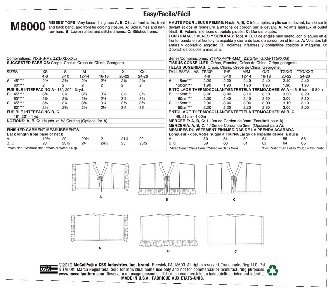 Mccall's M8000 Misses' Tops Sewing Pattern Size - Etsy