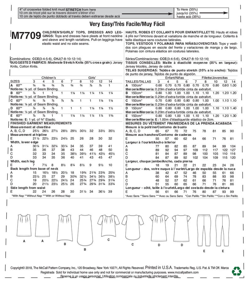 Mccall's M7709 Childrens'/girls' Tops, Dresses and Leggings Sewing ...