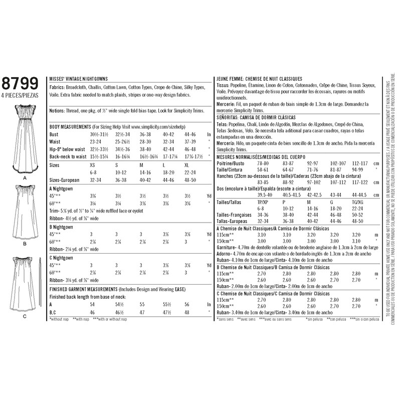 Simplicity 8799 Misses' 1950's Vintage Nightgowns | Etsy