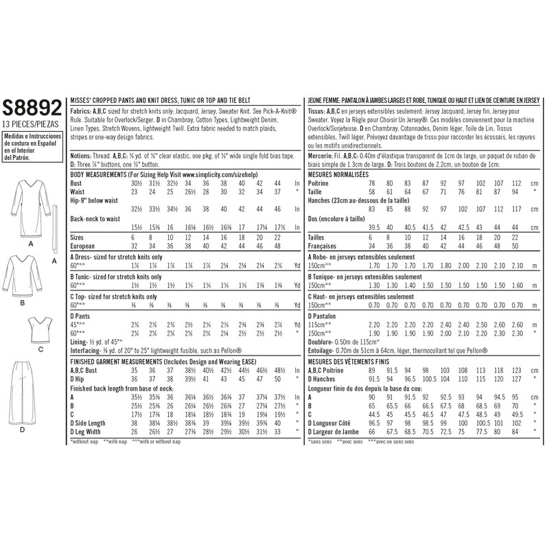 Simplicity 8892 Misses' Cropped Pants and Knit Dress - Etsy