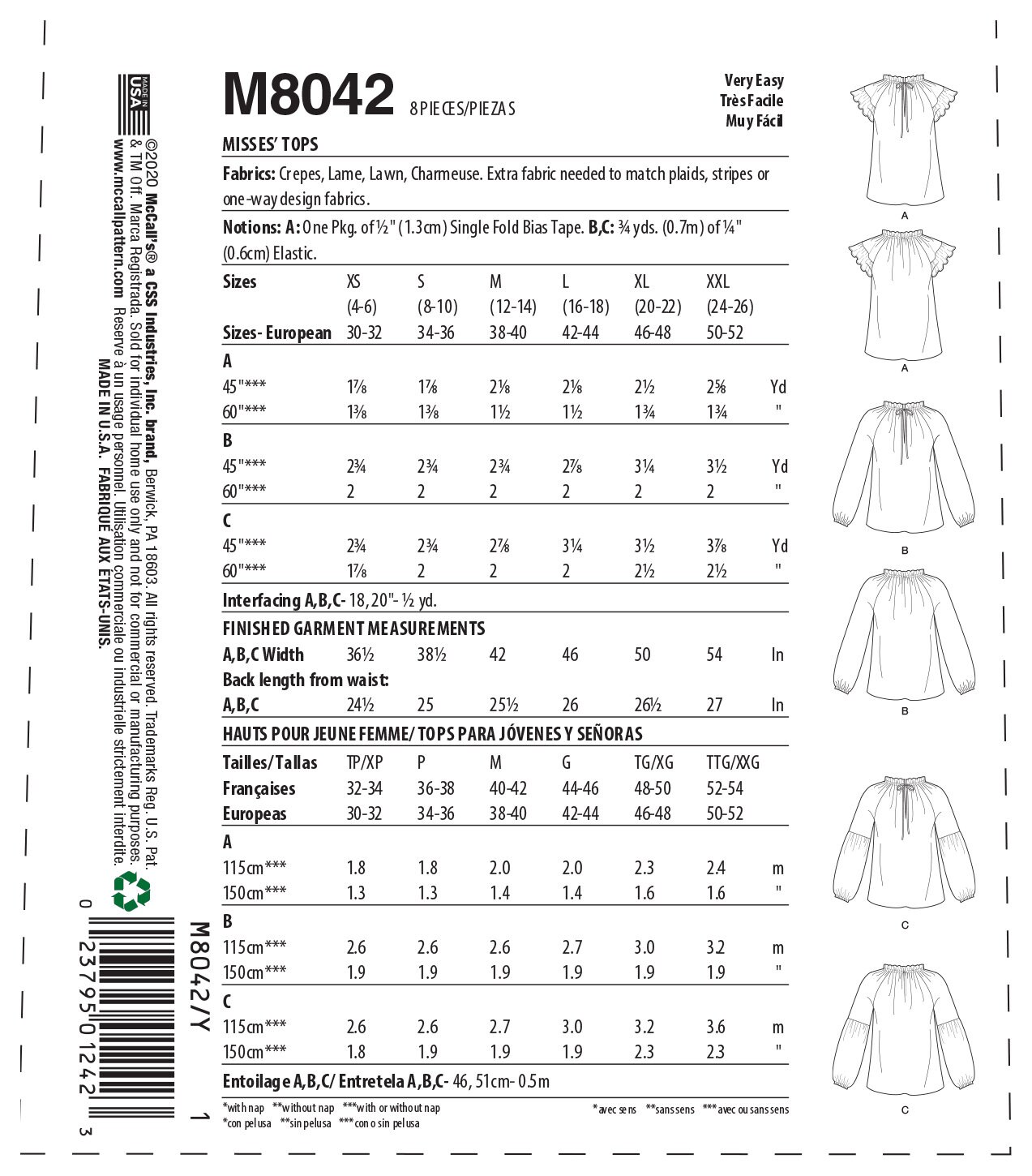 Mccall's M8042 Misses' Tops Sewing Pattern Size - Etsy
