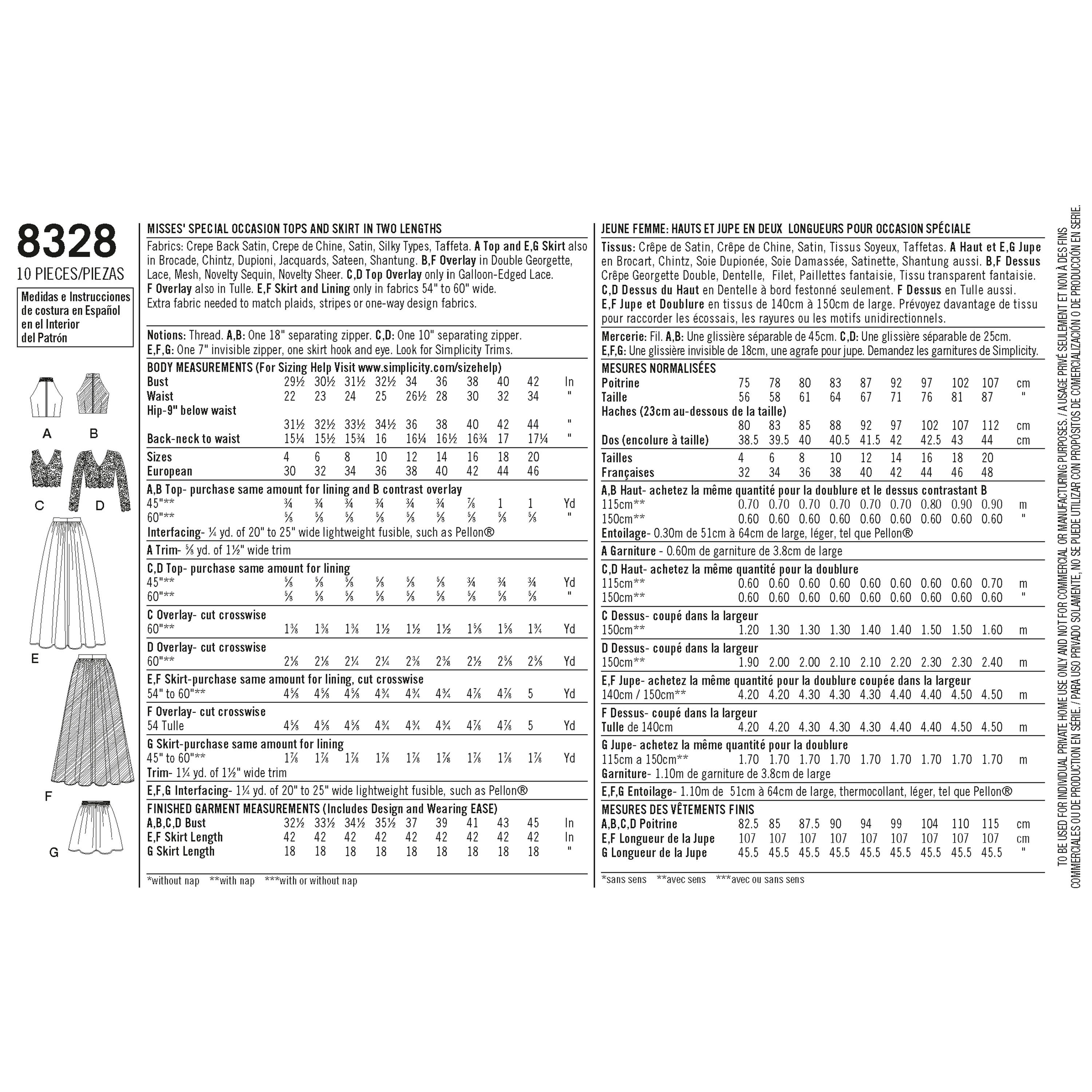 Simplicity 8328 Misses' Special Occassion Tops and Skirt in Two Lengths ...